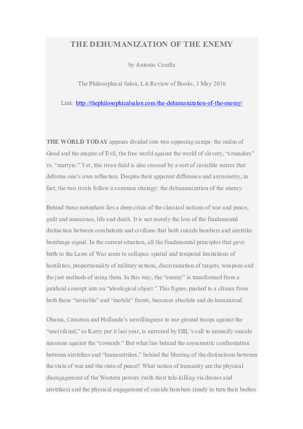 (PDF) The Dehumanization of the Enemy [The Philosophical Salon, LA ...