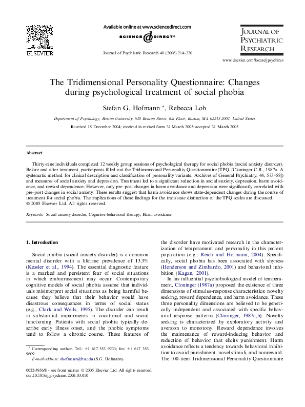 (PDF) The Tridimensional Personality Questionnaire: Changes during ...