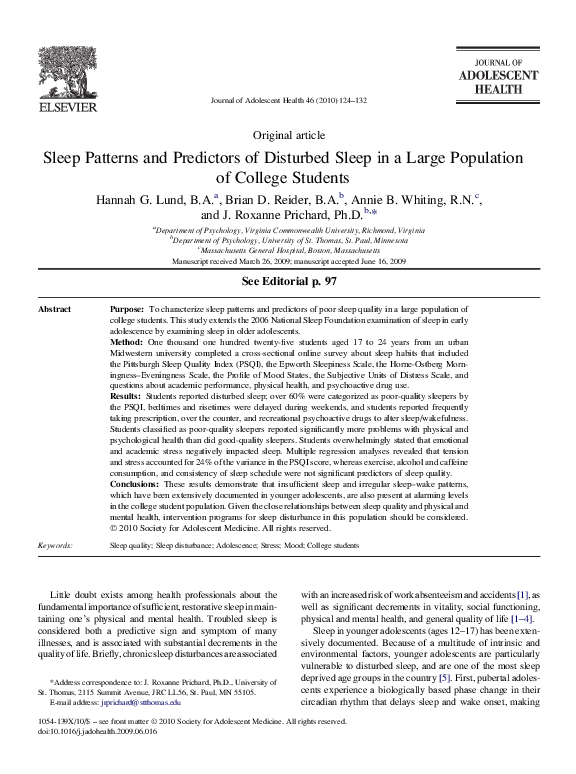 (PDF) Sleep Patterns and Predictors of Disturbed Sleep in a Large ...