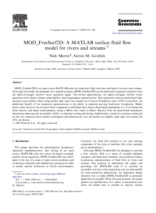 (PDF) MOD_FreeSurf2D: A MATLAB surface fluid flow model for rivers and ...