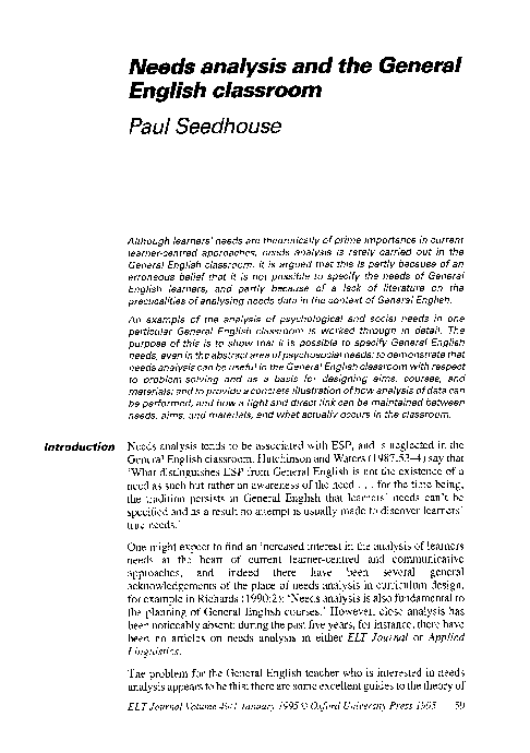 (PDF) Needs analysis and the General English classroom