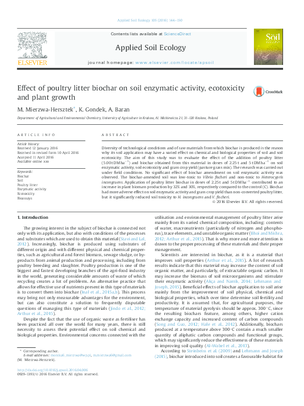 (PDF) Effect of poultry litter biochar on soil enzymatic activity ...