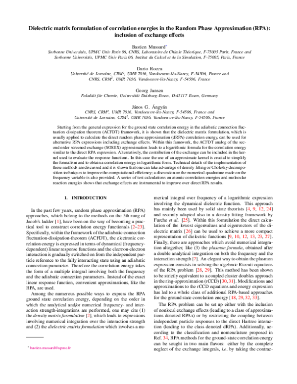 Pdf Dielectric Matrix Formulation Of Correlation Energies In The Random Phase Approximation