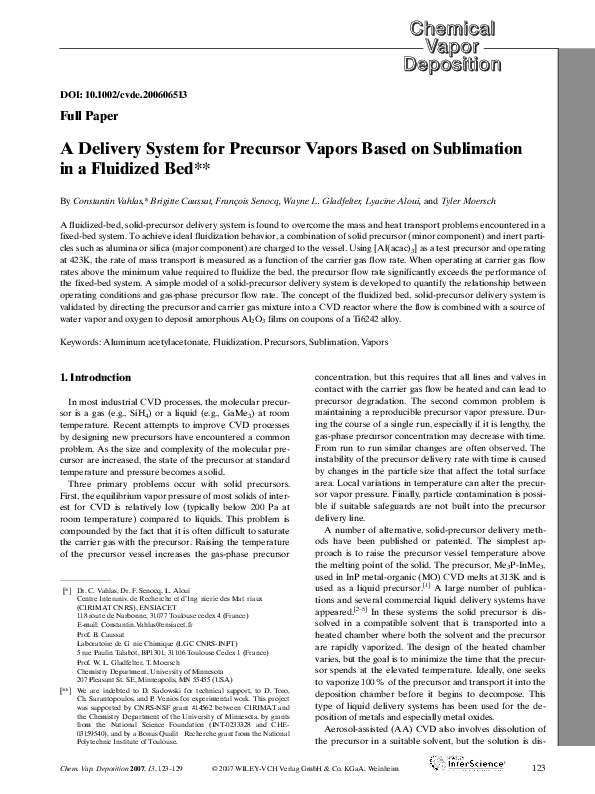 (PDF) A Delivery System for Precursor Vapors Based on Sublimation in a ...