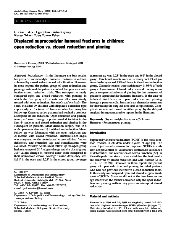 (PDF) Displaced supracondylar humeral fractures in children: open ...