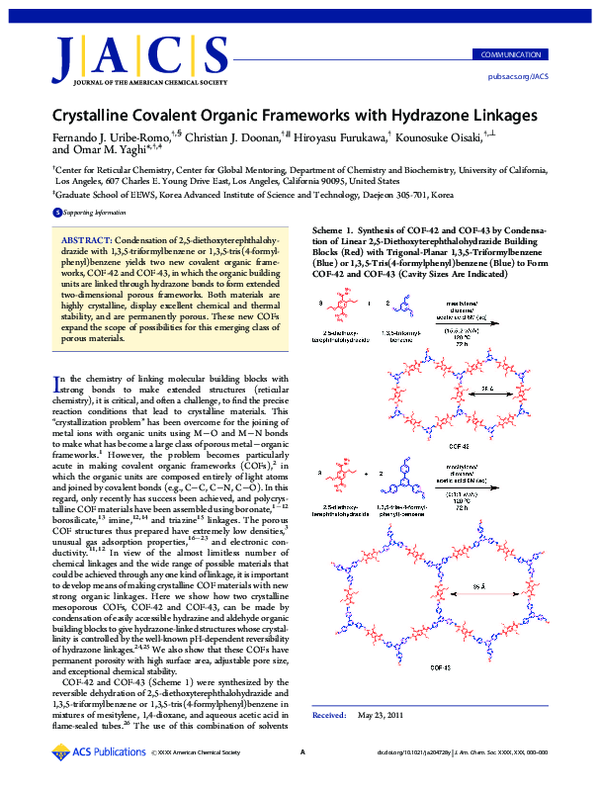 (PDF) Crystalline Covalent Organic Frameworks with Hydrazone Linkages