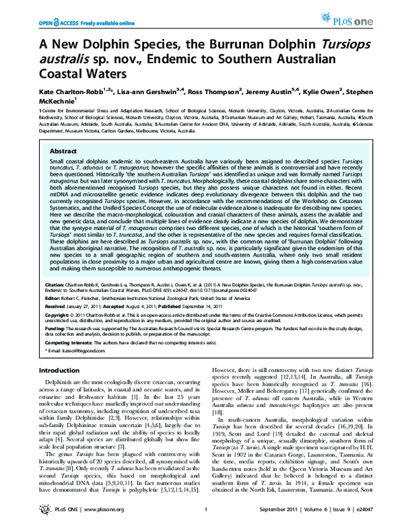(PDF) A New Dolphin Species, the Burrunan Dolphin Tursiops australis sp ...