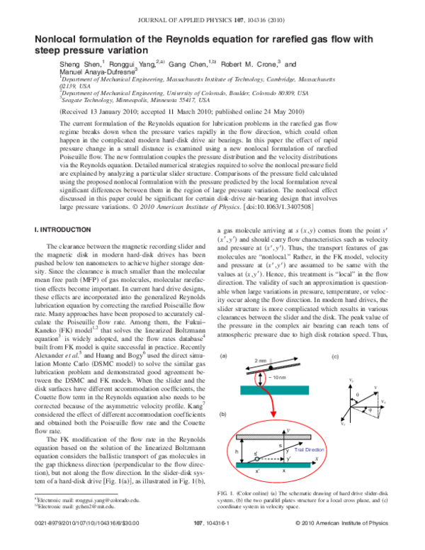 (PDF) Nonlocal formulation of the Reynolds equation for rarefied gas ...