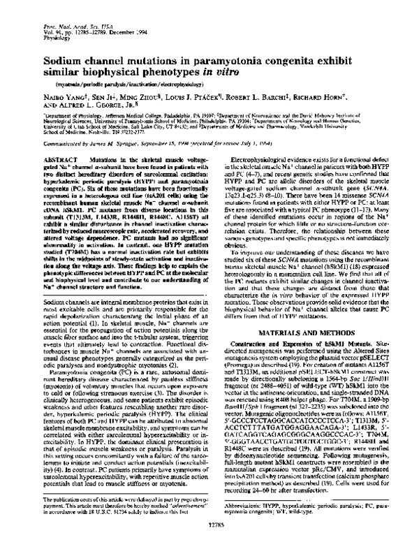 (PDF) Sodium channel mutations in paramyotonia congenita uncouple inactivation from activation