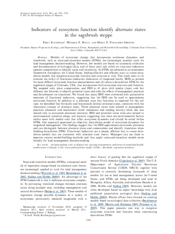 (PDF) Indicators of ecosystem function identify alternate states in the ...
