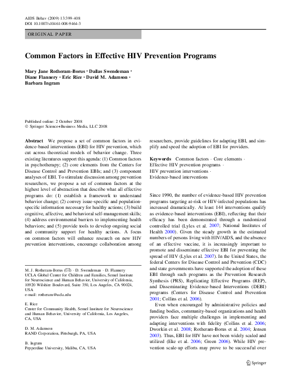 (PDF) Common Factors in Effective HIV Prevention Programs