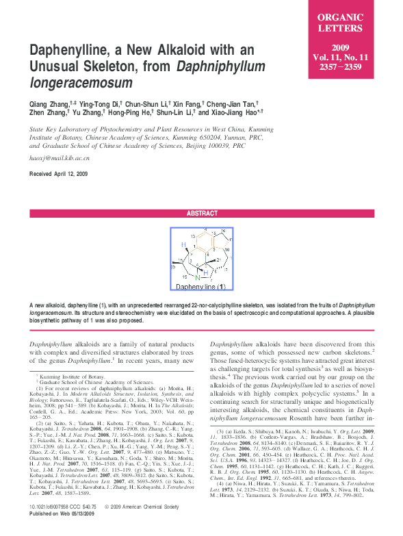 (PDF) Daphenylline, a New Alkaloid with an Unusual Skeleton, from Daphniphyllum longeracemosum