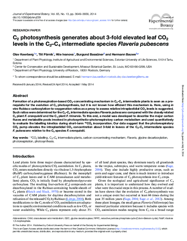 (PDF) C2 photosynthesis generates about 3-fold elevated leaf CO2 levels ...