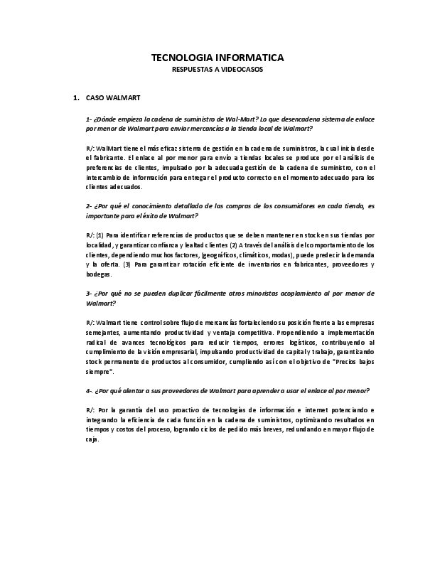(PDF) TECNOLOGIA INFORMATICA RESPUESTAS A VIDEOCASOS 1. CASO WALMART