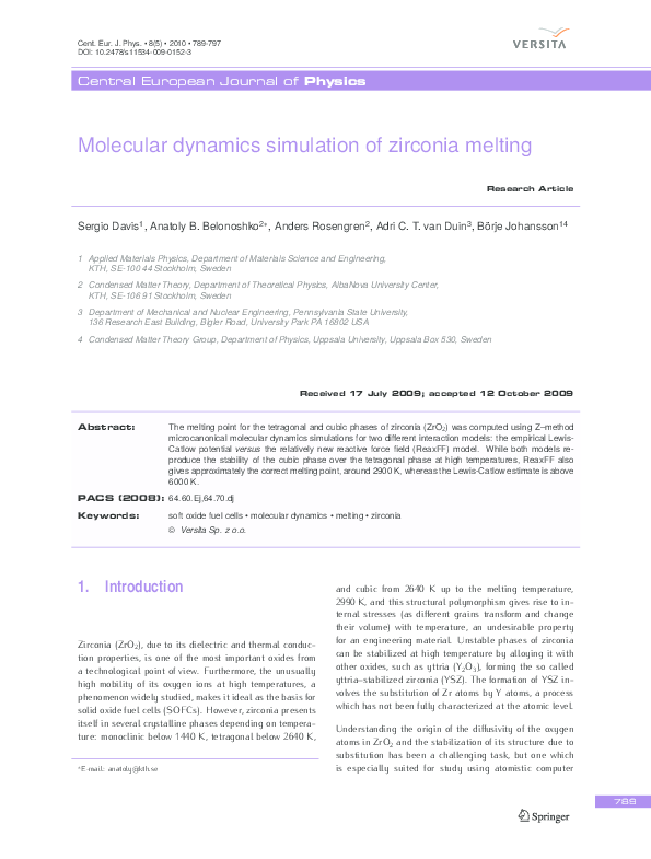 Pdf Molecular Dynamics Simulation Of Zirconia Melting