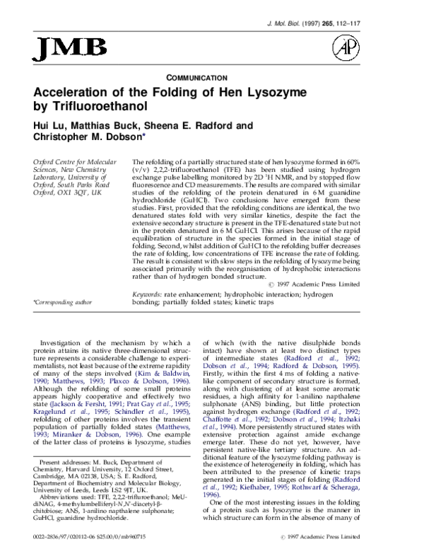 (PDF) Acceleration of the folding of hen lysozyme by trifluoroethanol