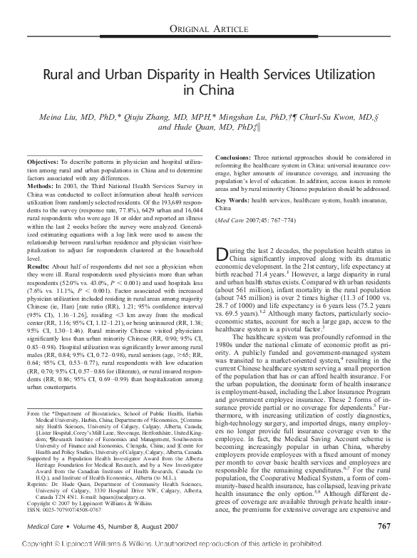 (PDF) Rural and Urban Disparity in Health Services Utilization in China