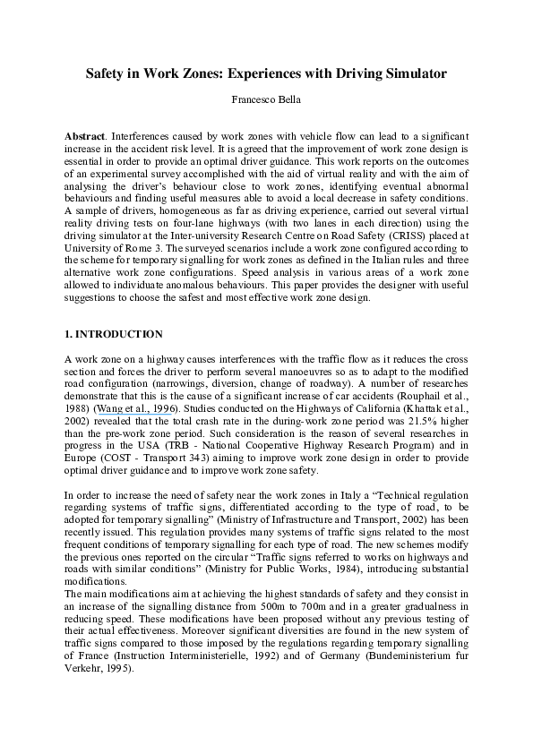 (PDF) Safety in Work Zones: Experiences with Driving Simulator