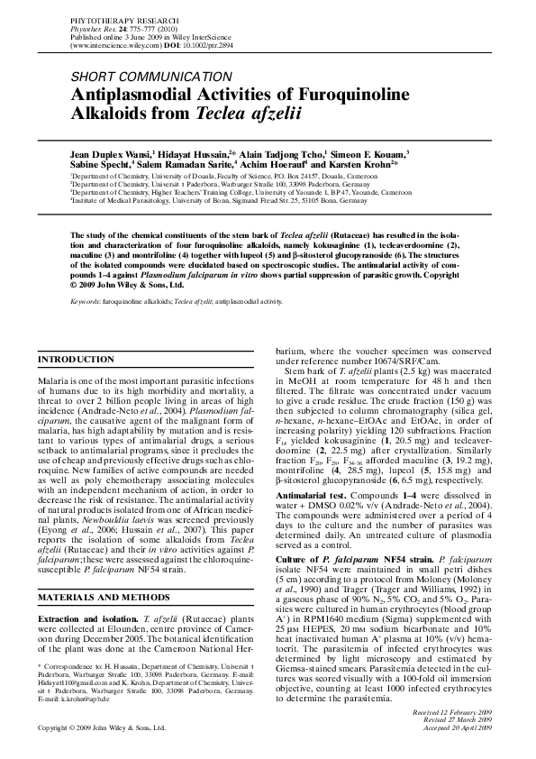 (PDF) Antiplasmodial activities of furoquinoline alkaloids from Teclea ...