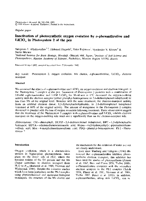 (PDF) Inactivation of photosynthetic oxygen evolution by o ...