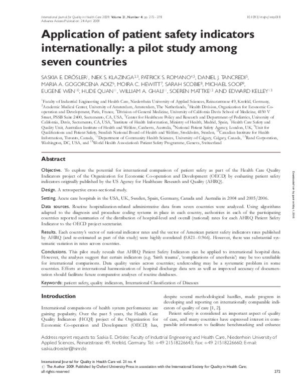 (PDF) Application of patient safety indicators internationally: a pilot ...