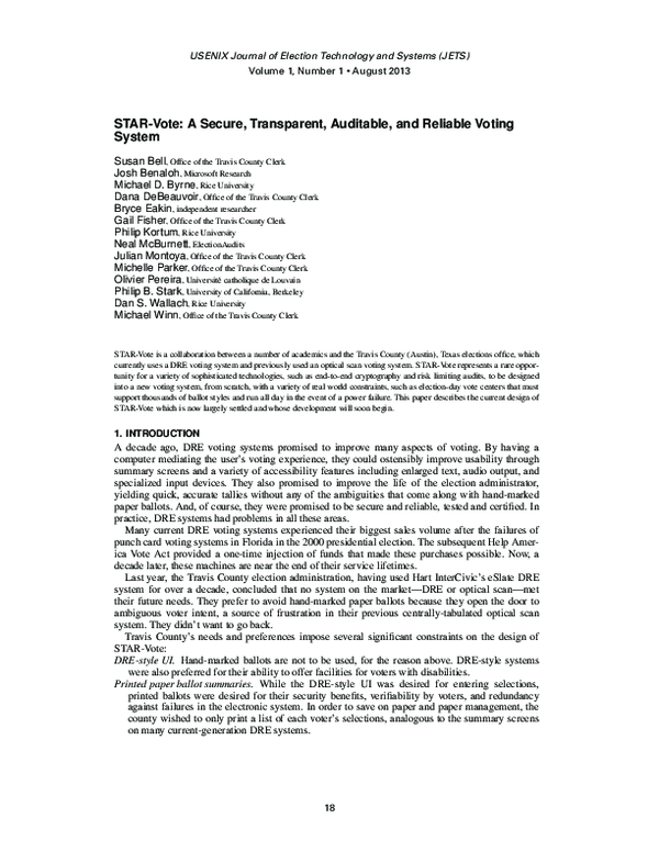 (PDF) STAR-Vote: A Secure, Transparent, Auditable, and Reliable Voting ...