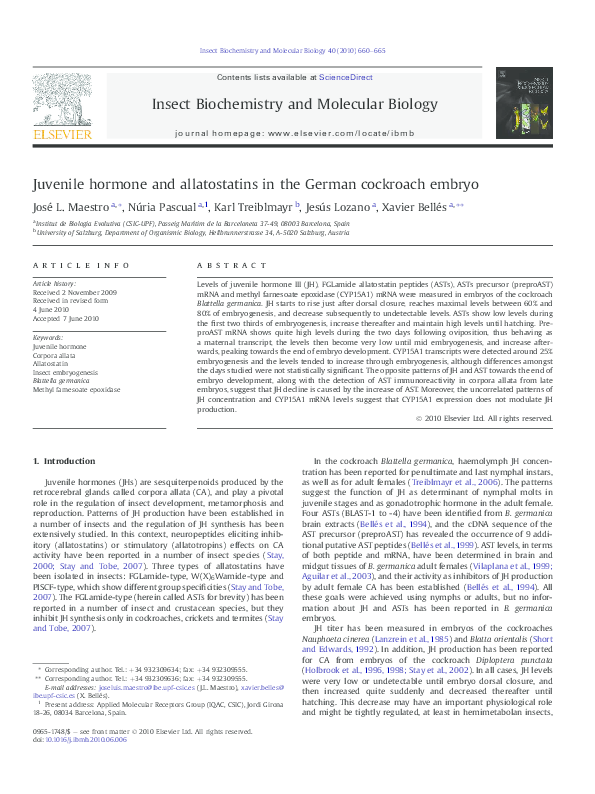 (PDF) Juvenile hormone and allatostatins in the German cockroach embryo
