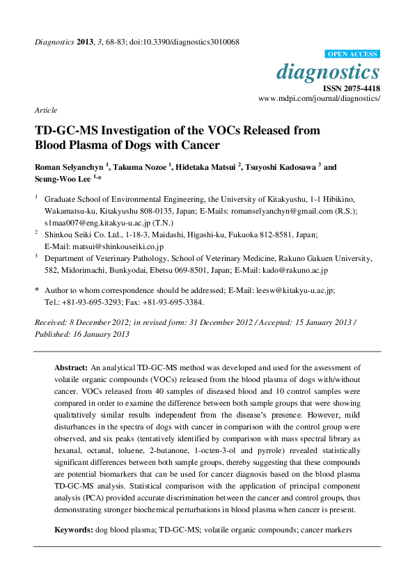 (PDF) TD-GC-MS Investigation of the VOCs Released from Blood Plasma of Dogs with Cancer