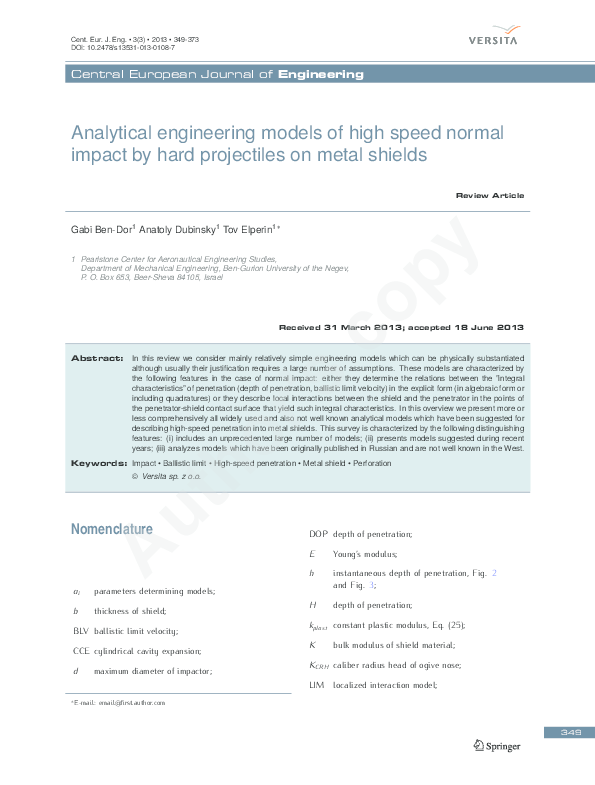 (PDF) Analytical engineering models of high speed normal impact by hard ...