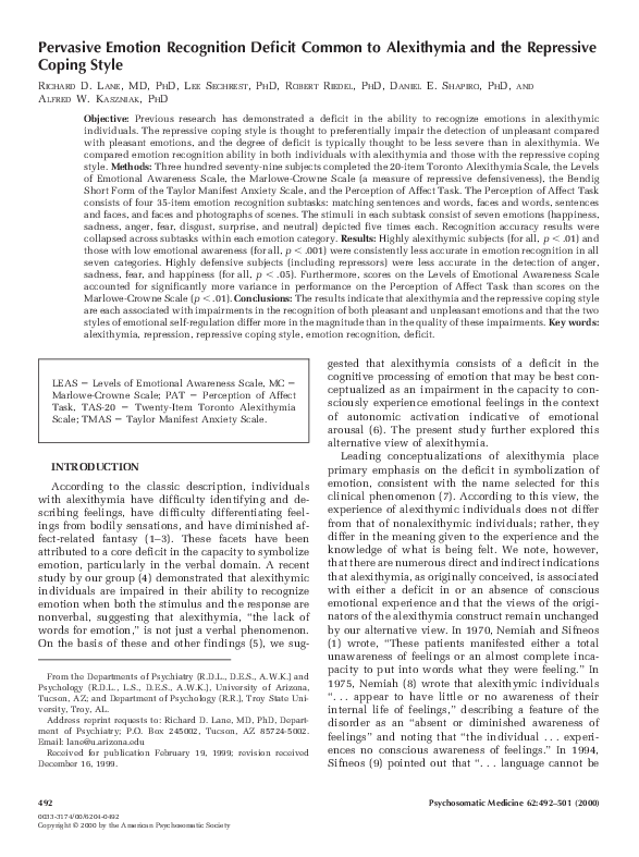 (PDF) Pervasive Emotion Recognition Deficit Common to Alexithymia and ...