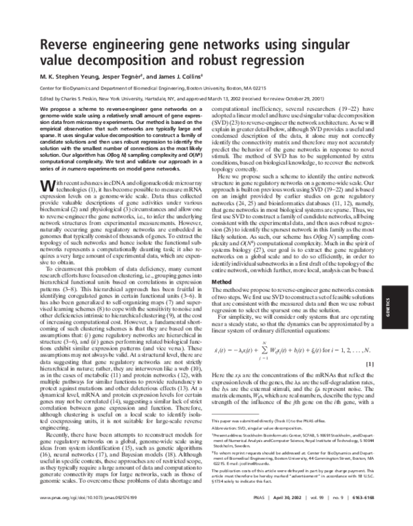 Pdf Reverse Engineering Gene Networks Using Singular Value