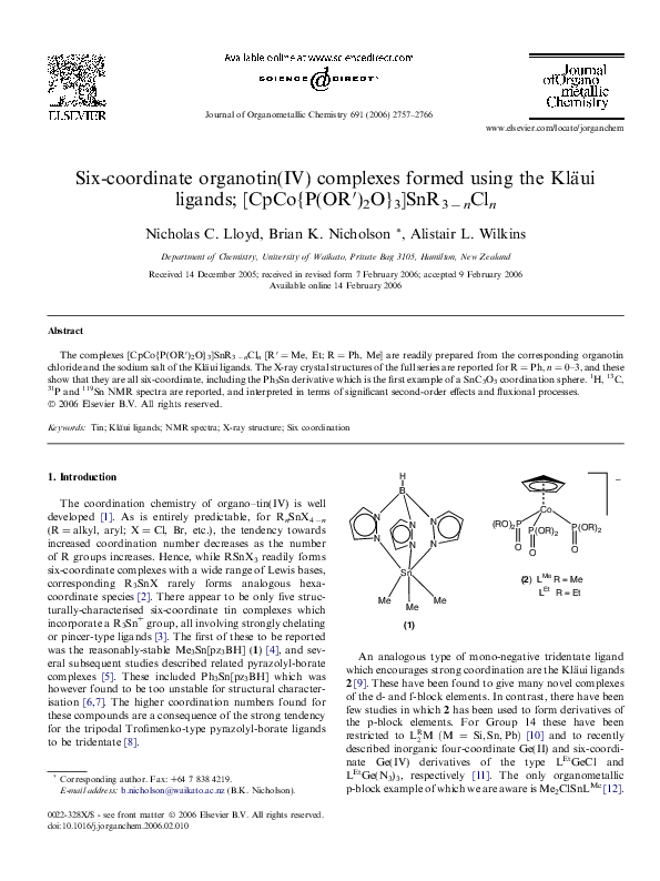 (PDF) Six-coordinate organotin(IV) complexes formed using the Kläui ...