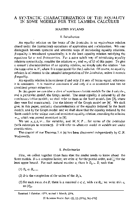 (PDF) A Syntactic Characterization of the Equality in Some Models for the Lambda Calculus