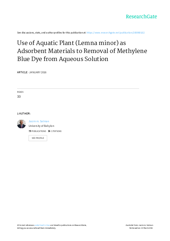 (PDF) Use of Aquatic Plant (Lemna minor) as Adsorbent Materials to Removal of Methylene Blue Dye ...