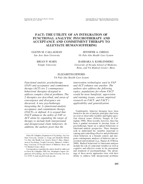 Pdf Fact The Utility Of An Integration Of Functional Analytic Psychotherapy And Acceptance