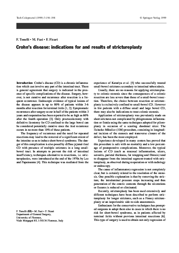 (PDF) Crohn's disease: indications for and results of strictureplasty