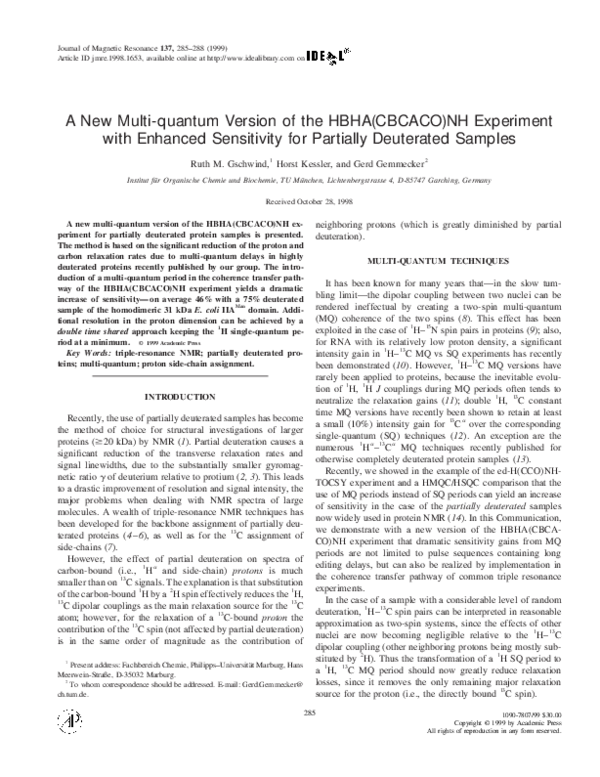 (PDF) A New Multi-quantum Version of the HBHA(CBCACO)NH Experiment with ...