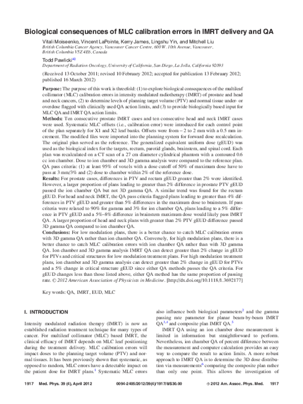 Pdf Biological Consequences Of Mlc Calibration Errors In Imrt Delivery And Qa