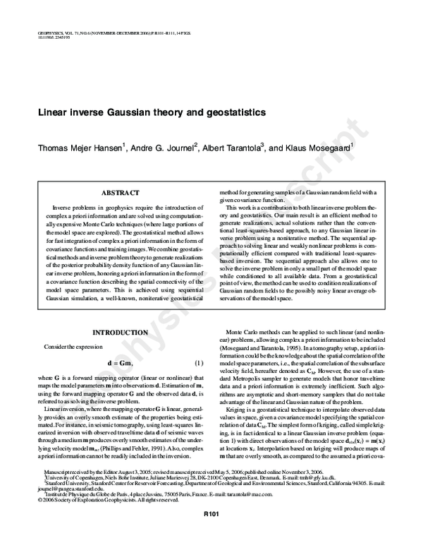 (PDF) Linear inverse Gaussian theory and geostatistics–a tomography ...