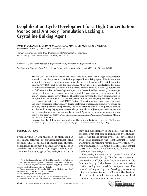 (PDF) Lyophilization cycle development for a high-concentration monoclonal antibody formulation ...