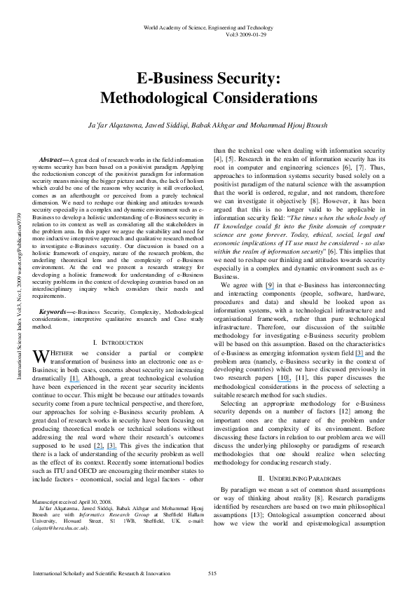 (PDF) E-Business Security: Methodological Considerations