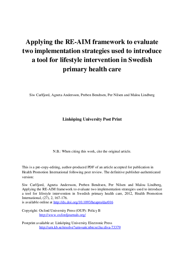 (PDF) Applying the RE-AIM framework to evaluate two implementation strategies used to introduce ...