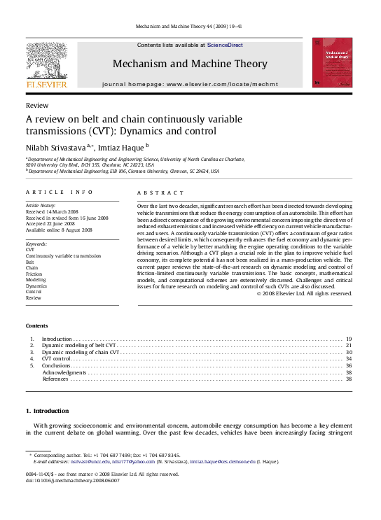 (PDF) A review on belt and chain continuously variable transmissions ...