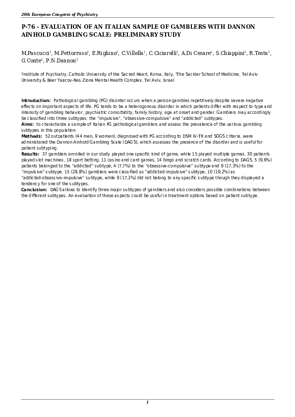 (PDF) P-76 - Evaluation of an Italian sample of gamblers with dannon ...