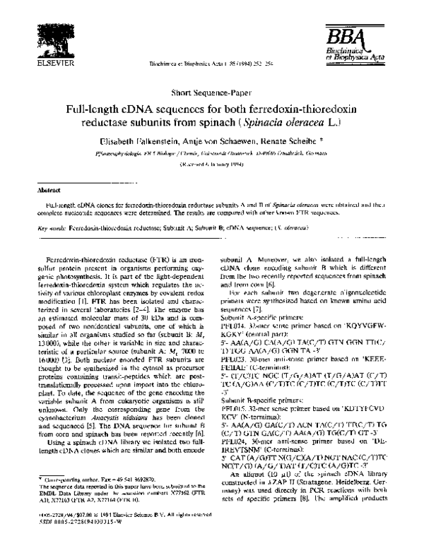 (PDF) Full-length cDNA sequences for both ferredoxin-thioredoxin ...