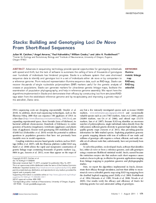 (PDF) Stacks: building and genotyping Loci de novo from short-read sequences
