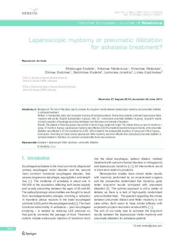 (PDF) Laparoscopic myotomy or pneumatic dilatation for achalasia treatment?