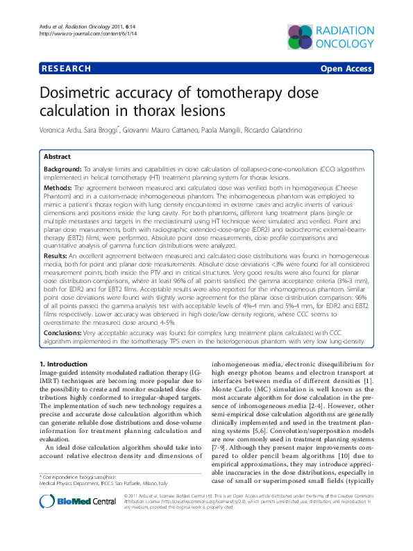 (PDF) Dosimetric accuracy of tomotherapy dose calculation in thorax lesions