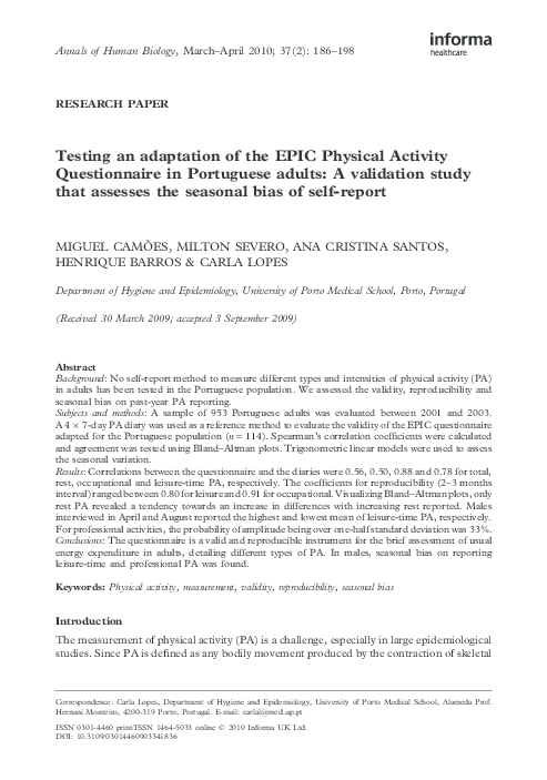 (PDF) Testing an adaptation of the EPIC Physical Activity Questionnaire ...