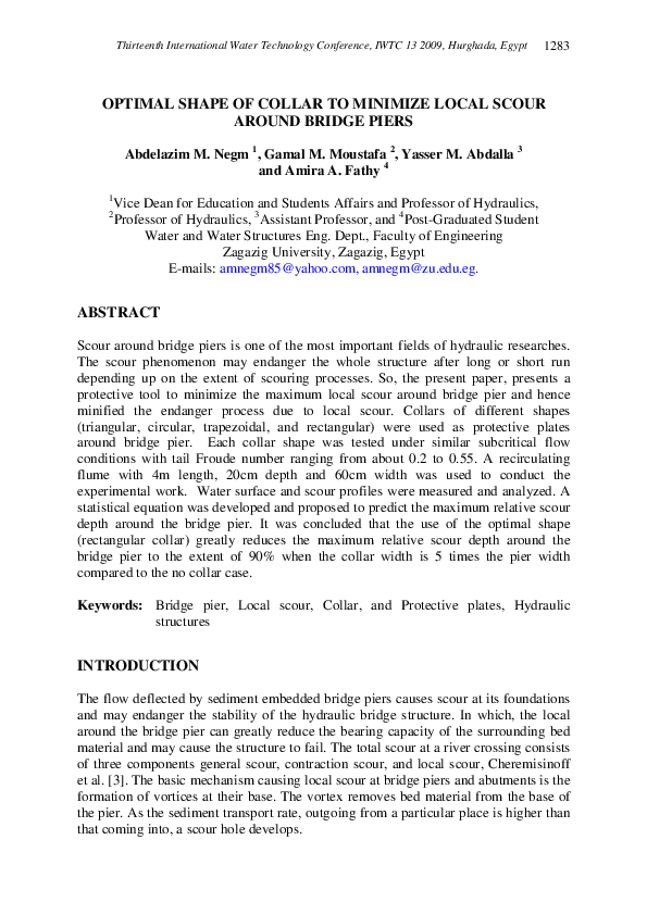 (PDF) OPTIMAL SHAPE OF COLLAR TO MINIMIZE LOCAL SCOUR AROUND BRIDGE ...